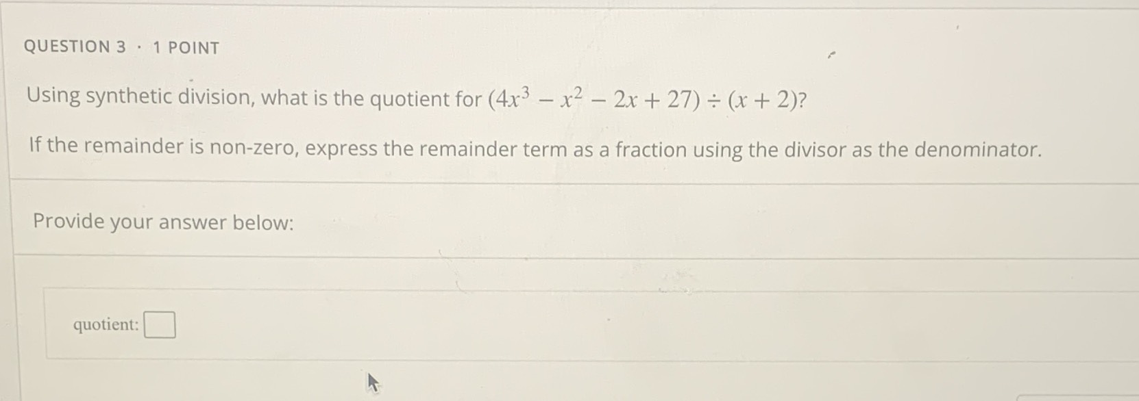 QUESTION 3. \( 1 \) POINT Using synthetic division... - CameraMath QUESTION 3. \( 1 \) POINT Using synthetic division... - CameraMath