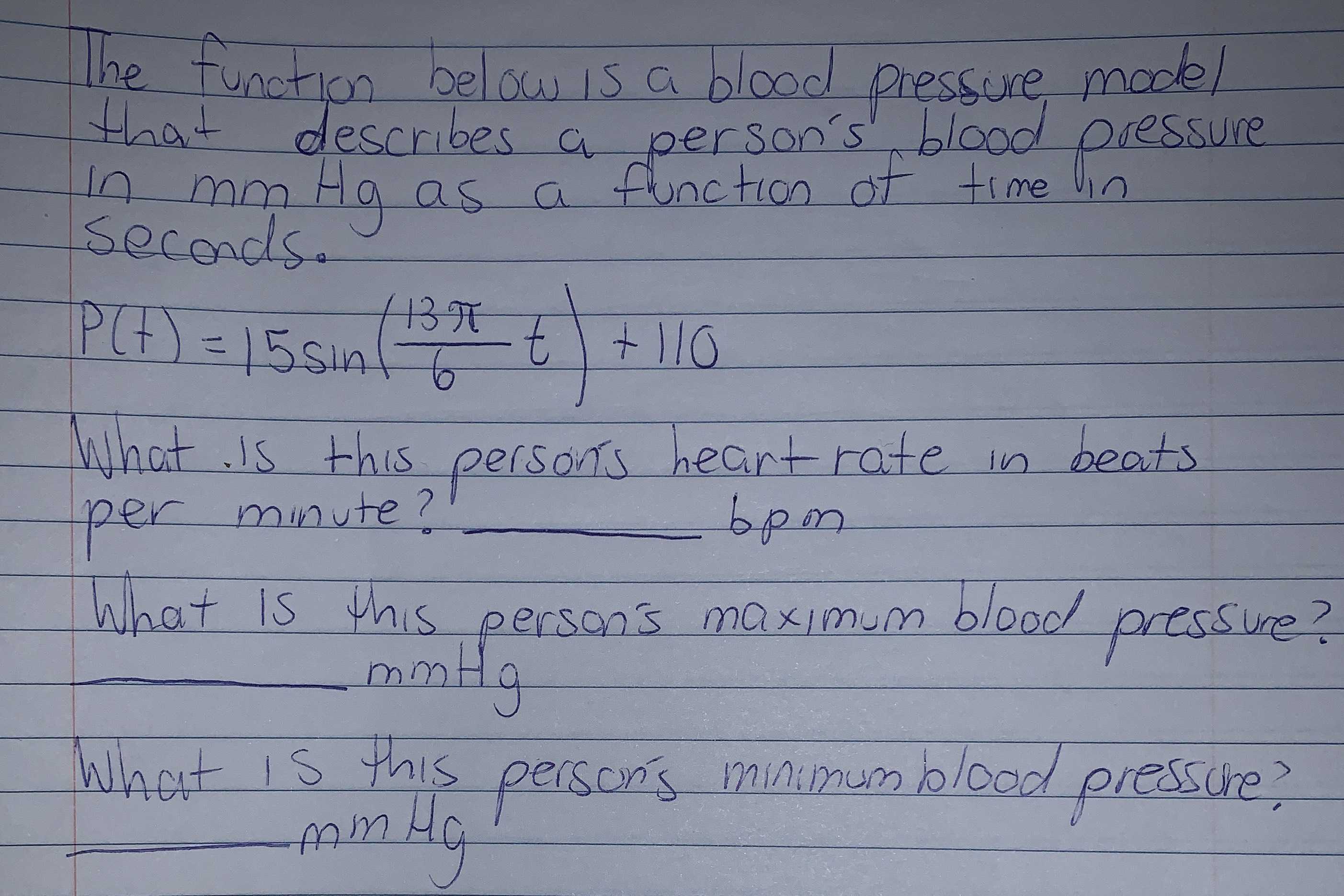 The function below is a blood pressure model that describes a person's ...