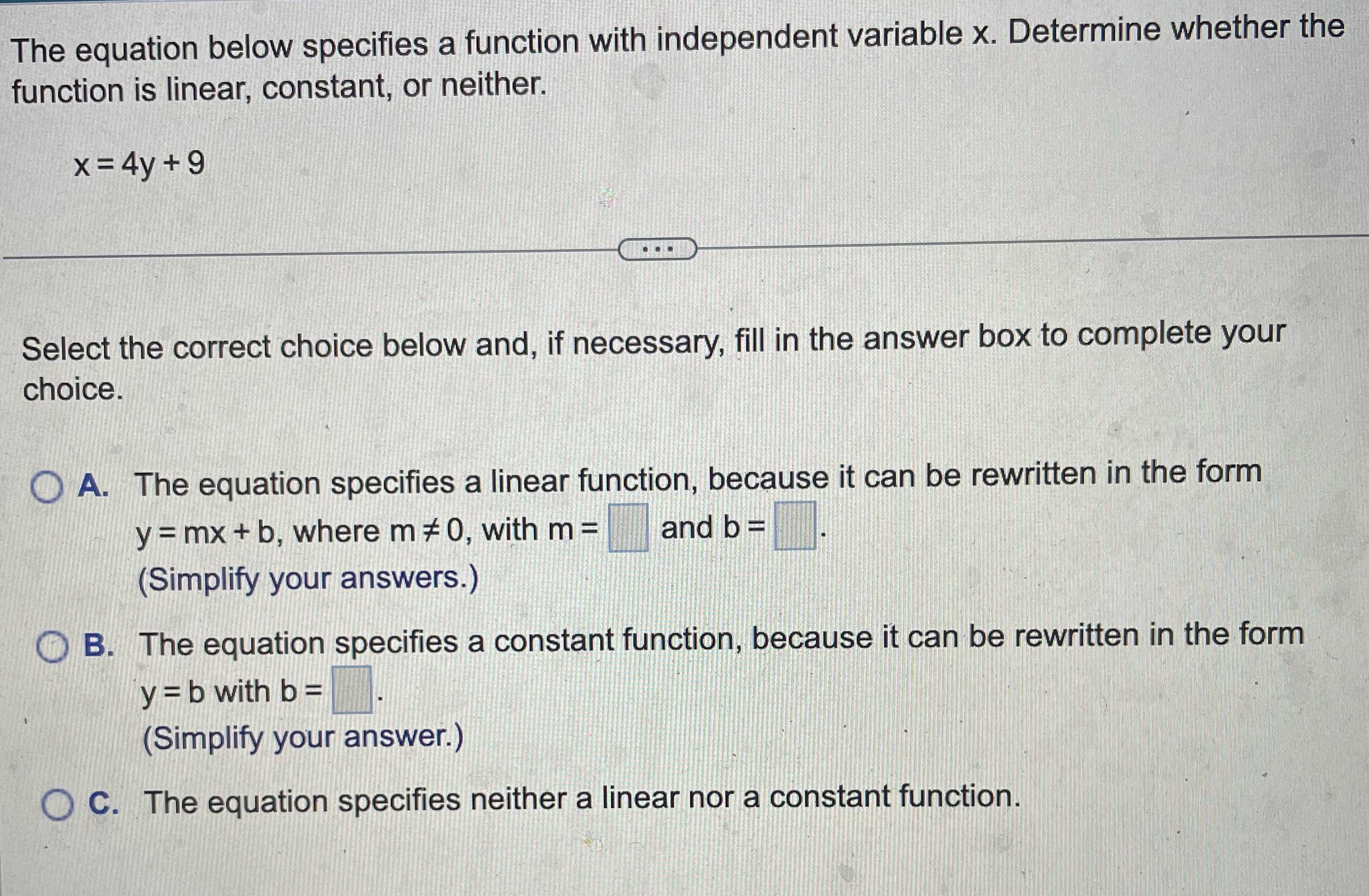 The equation below specifies a function with independent variable x ... The equation below specifies a function with independent variable x ...