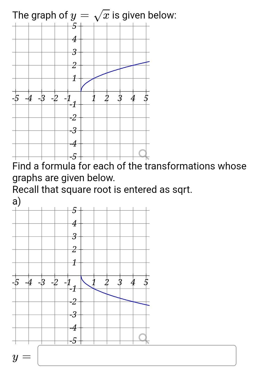The Graph Of Ysqrtx Is Given Below Find A Formula For Each Of The Transformations Whose Graphs