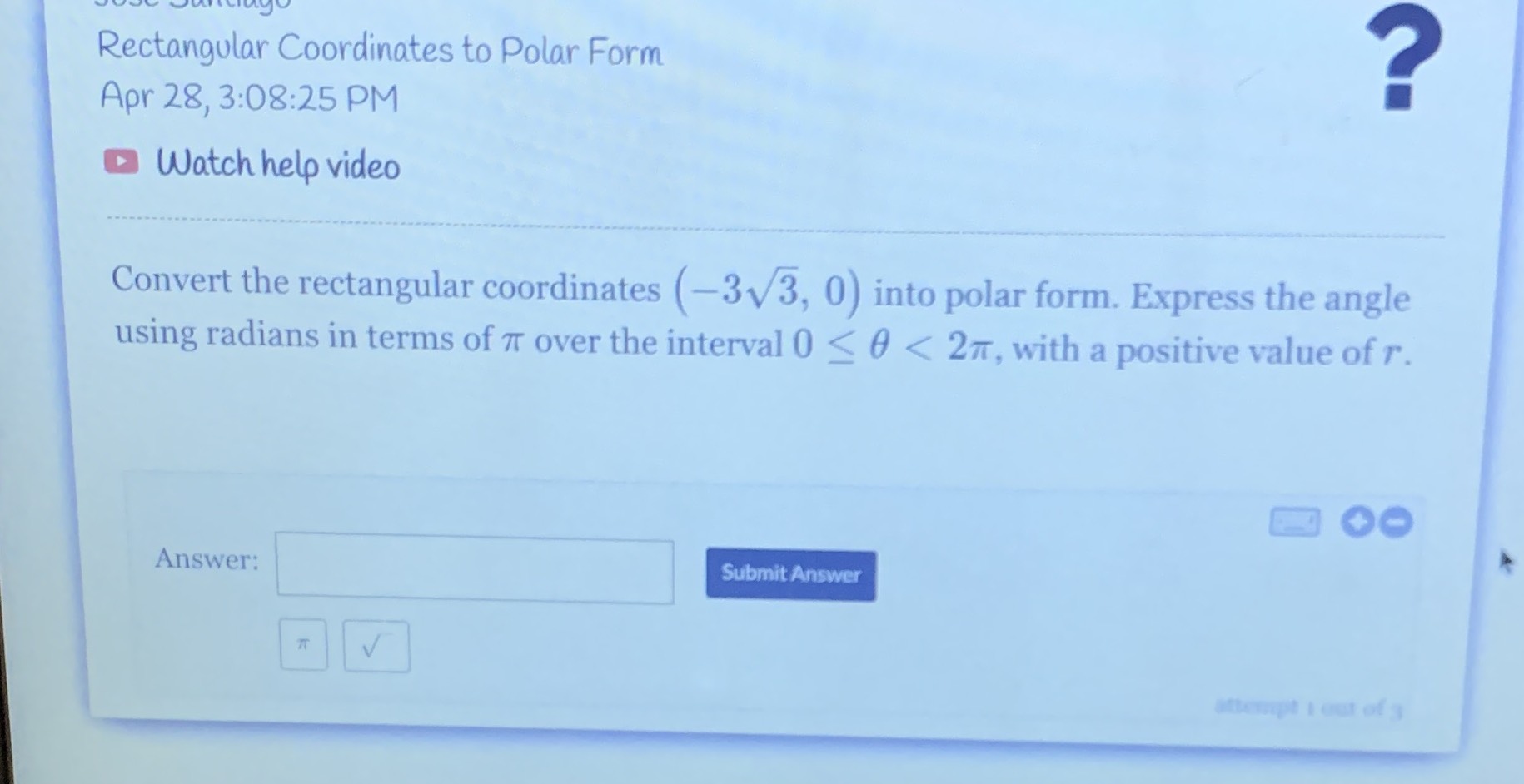 Convert the rectangular coordinates \( ( - 3 \sqrt... - CameraMath Convert the rectangular coordinates \( ( - 3 \sqrt... - CameraMath