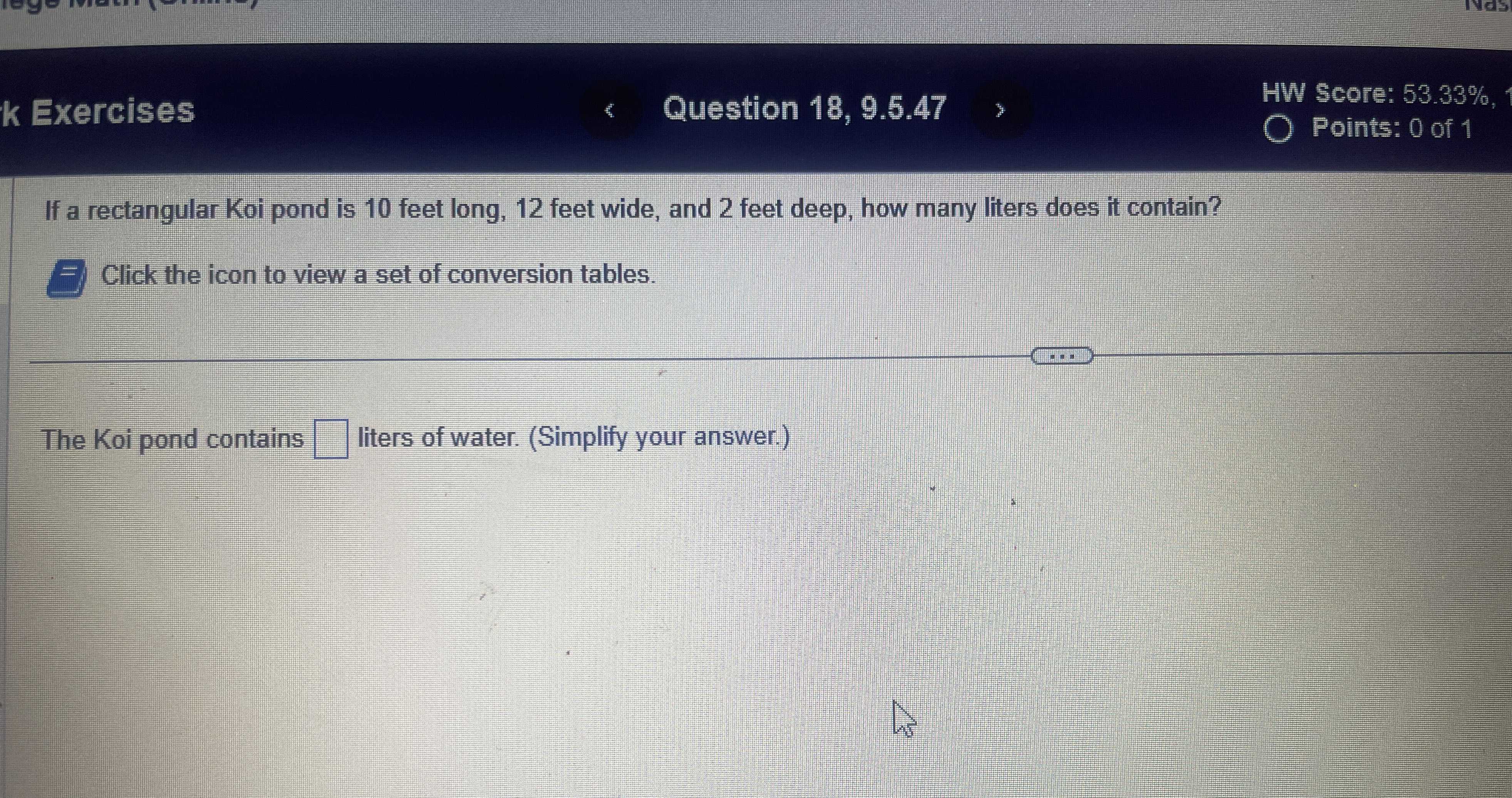 If a rectangular Koi pond is 10 feet long, 12 feet wide, and 2 feet ...