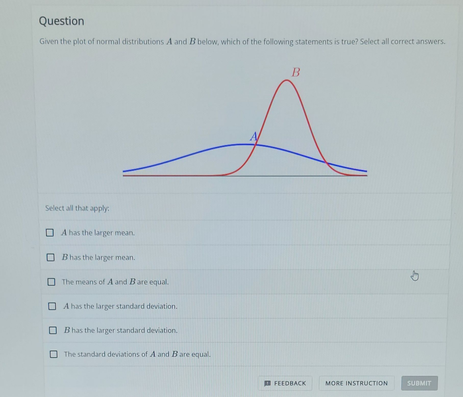 Given the plot of normal distributions A and B below, which of the ...