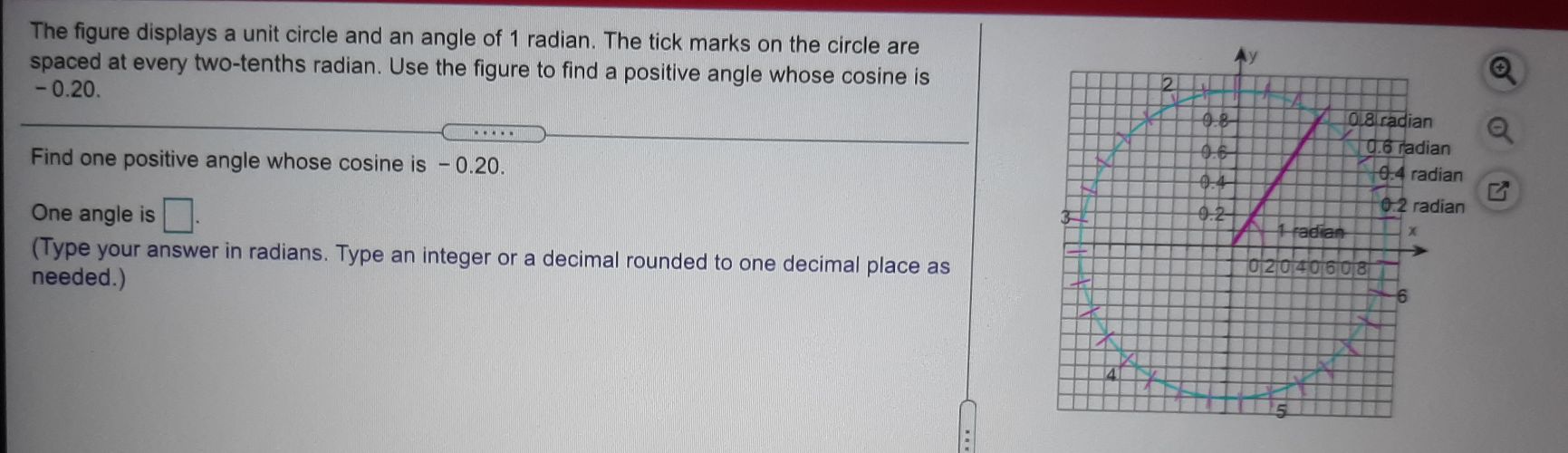 The figure displays a unit circle and an angle of 1 radian. The tick ...