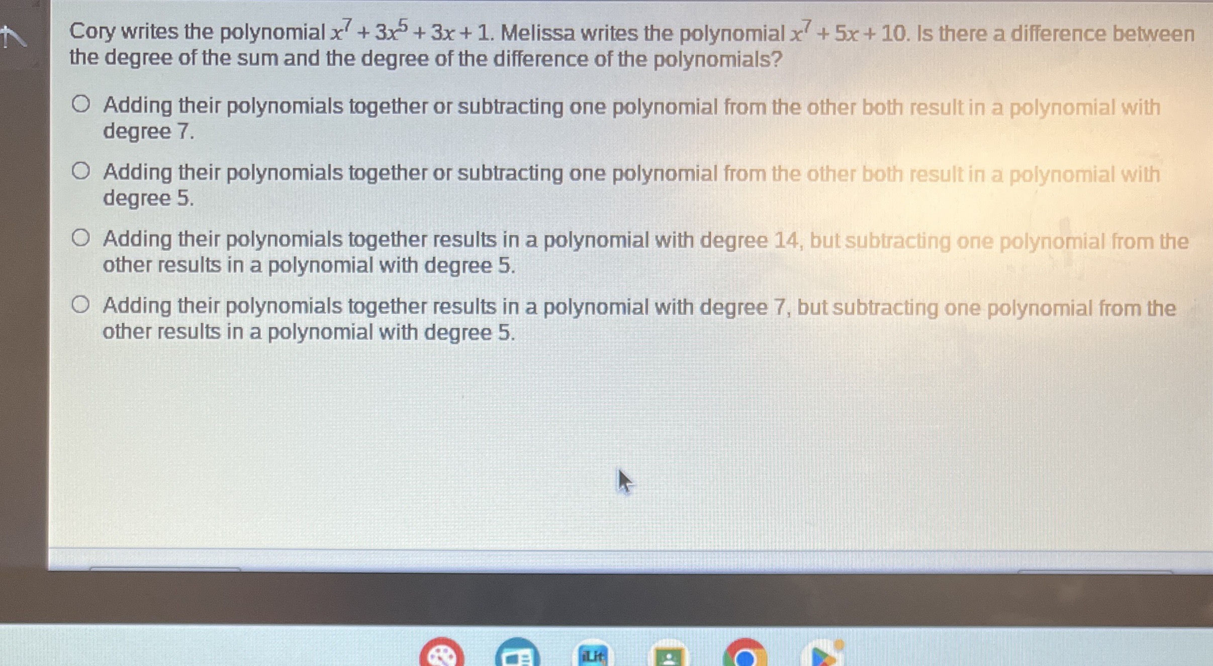 [Solved]: Cory writes the polynomial x^7+3x^5+3x+1. Melissa writes the ...