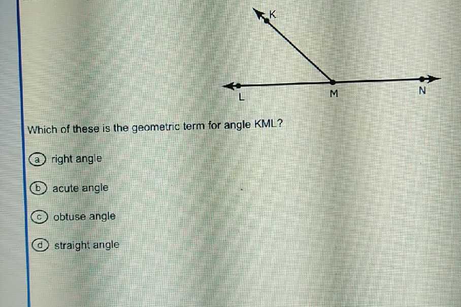 Which of these is the geometric term for angle KML? (a) right angle (b ...