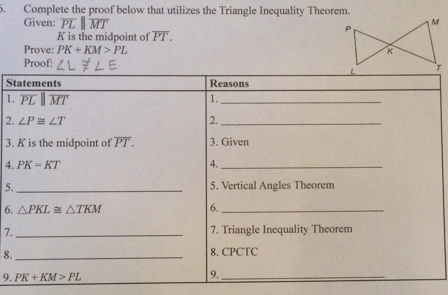 Complete The Proof Below That Utilizes The Triangle Inequality Theorem Given Overlinepl 